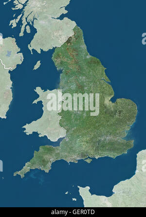 Satellite view of England, UK (with country boundaries and mask). The ...