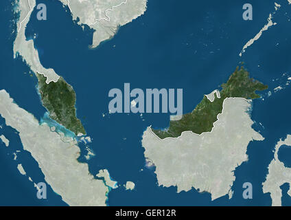 Satellite view of Malaysia (with country boundaries). This image was ...