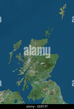 Satellite view of Scotland, UK (with country boundaries and mask). The ...