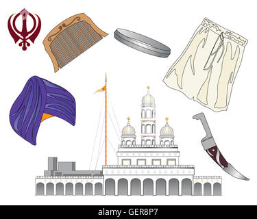 an illustration of the symbols of the five ks of Sikhism kesh kirpan ...