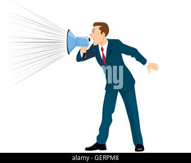 Person shouting through megaphone, vector cartoon stick figure or ...