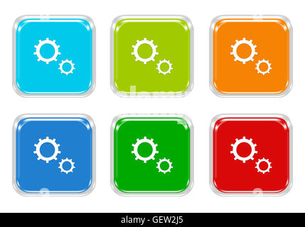 Set of squared colorful buttons with gears symbol in blue, green ...