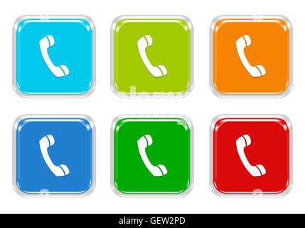 Set of squared colorful buttons with phone symbol in blue, green and ...