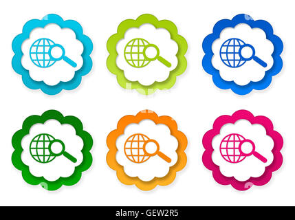 Set of colorful stickers icons with search symbol in blue, green, pink ...