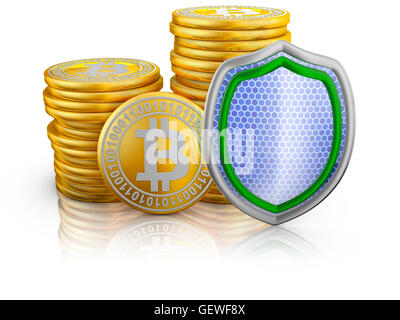 Bitcoins stacks of and shield, 3d render Stock Photo - Alamy