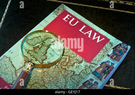 EU Law book with map of Europe front cover, on desk with judges gavel ...