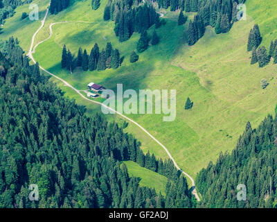 Lonely farm house surrounded by meadows, aerial view, slope of bavarian ...