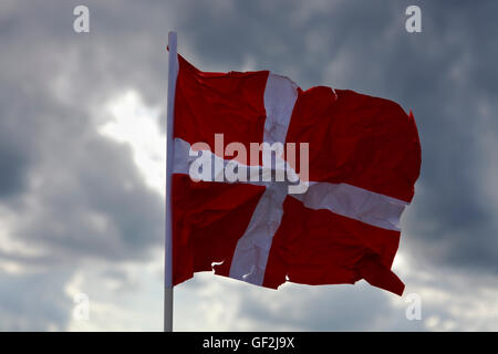 A crumpled, torn and distorted paper Dannebrog flag, the Danish flag ...