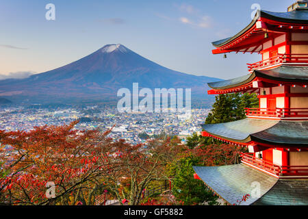 Mt. Fuji with red pagoda in winter, Fujiyoshida, Japan Stock Photo - Alamy