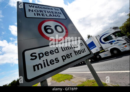 Speed limit sign at Republic of Ireland to Northern Ireland frontier at ...