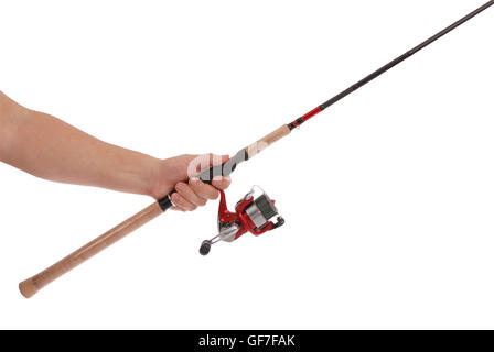 Hand holding fishing tackle isolated on white Stock Photo - Alamy