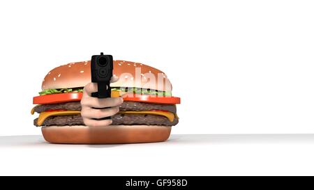 Burger about to kill diet with a gun isolated on white 3d render Stock ...