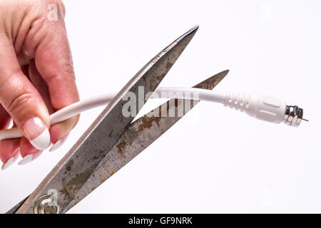 Scissors about to cut a coaxial cable - cutting the cord, cable TV ...