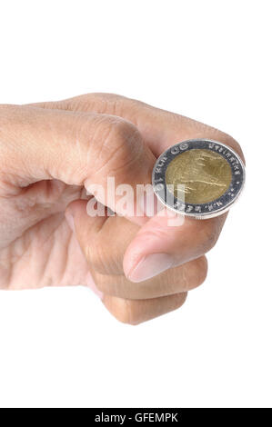 Man hand flip thai baht banknote, the official currency of Thailand. On ...