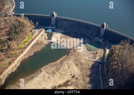Aerial view, dam Möhnesee with emptied lower reservoir front of the dam ...
