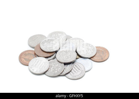 Pile of 100 yen coins japanese money, close up isolated on white ...
