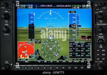 Airplane glass cockpit display G1000 with weather radar and engine ...