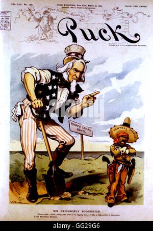 Satirical cartoon in 'Puck': Uncle Sam, put in chains, watching ships ...