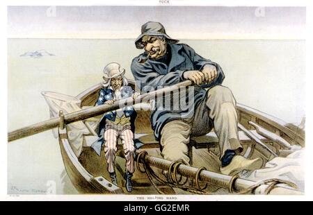 Satirical cartoon in 'Puck': Uncle Sam, put in chains, watching ships ...