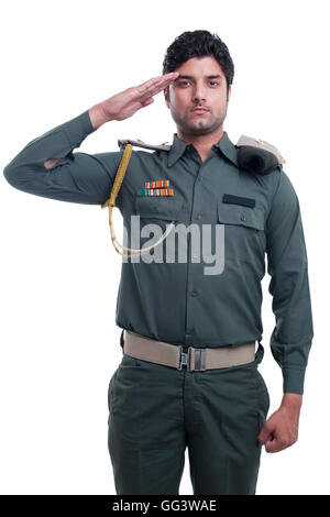 Young security guard saluting over white background Stock Photo - Alamy