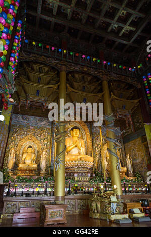 Tall Dharma Hall, ornate roof and three golden Buddha statues inside ...