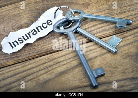 Key with message Insurance on wooden table Stock Photo - Alamy
