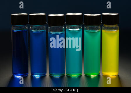 Glass vials with colored medicine liquid with capillaries. Red, yellow ...