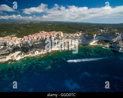 Aerial view of Bonifacio old town built on cliffs of white limestone ...
