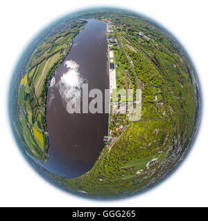 Aerial view, Baldeneysee, globe, fisheye shot, 360 degree shot, tiny ...