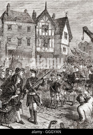 An 18th century angry mob attempting to force a stamp officer to resign ...