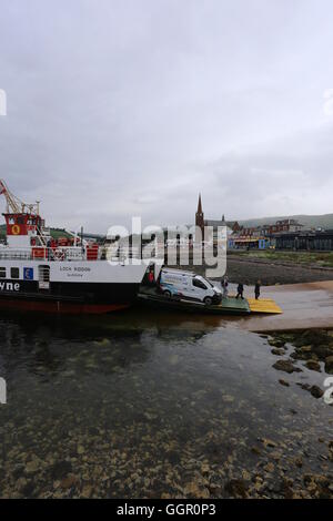 Vehicles and passengers disembarking Calmac ferry MV Loch Riddon Largs ...