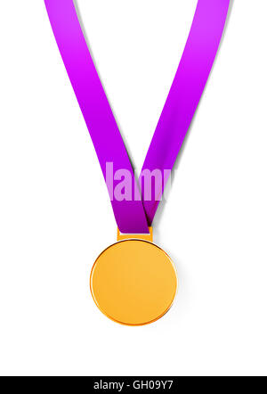 Gold medal isolated on white background. First place. Red ribbon. 3d ...