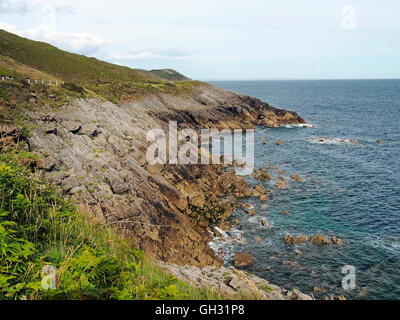 Steeply dipping carboniferous limestone beds forming sloping cliff line ...