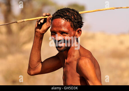 Man of the Khomani-San tribe in the Kalahari with a spear, South Africa ...