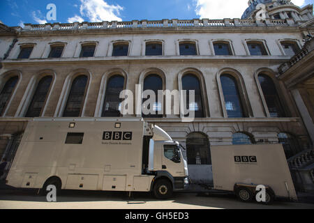 Outside broadcast vans broadcasting a television programme live, Wales ...