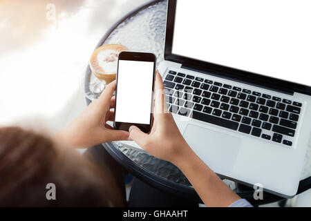 Hand on smartphone at coffee shop, stock photo Stock Photo - Alamy