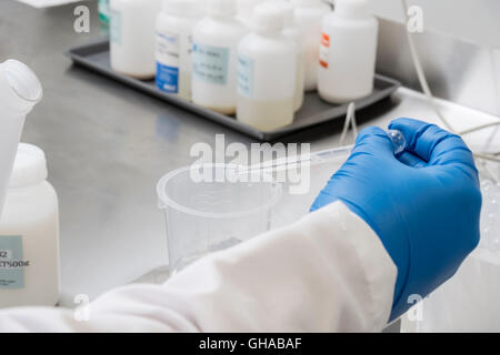 Glass Beaker In Lab Pouring Liquid Chemicals Into Beakers Stock Photo ...