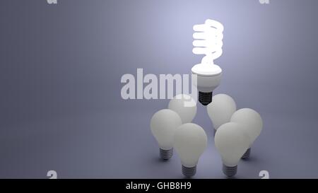 fluorescent bulb above dim bulb showing bright ideas vs dim ones 3d ...
