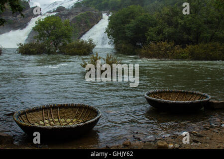Coracles (traditional bamboo round boats,harigolu) seen at ...