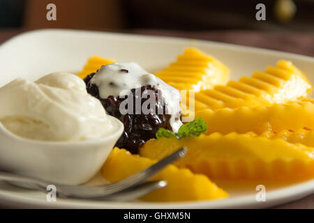 Mango sticky rice in the plate with a colored background Stock Photo ...
