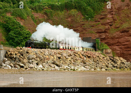 The Royal train hauled by a steam engine stands in Llanfair PG station ...