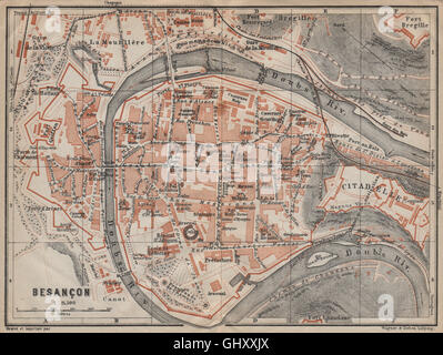 BESANÇON antique town city plan de la ville. Doubs carte. BAEDEKER ...