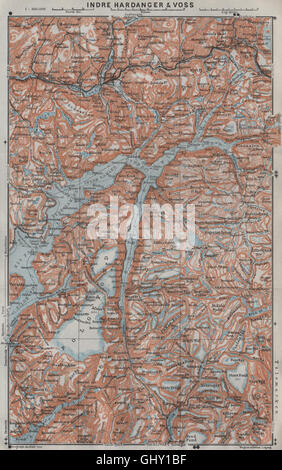 INNER HARDANGERFJORD topo-map. Folgefonna. Norway kart. BAEDEKER, 1885 ...