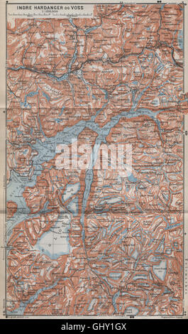 INNER HARDANGERFJORD topo-map. Folgefonna. Norway kart. BAEDEKER, 1899 ...