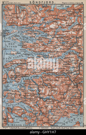 SOGN OG FJORDANE. Sondfjord Söndfjord. Floro. Topo-map. Norway kart, 1909 Stock Photo - Alamy