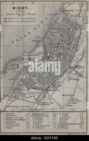 VISBY Wisby antique town city stadsplan. Sweden karta. BAEDEKER, 1885 ...