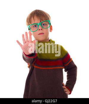 Child showing hand as sign to stop focus on kid, isolated on white ...