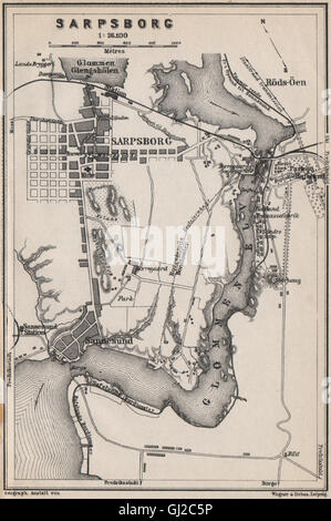 SARPSBORG antique town city byplan. Norway kart. BAEDEKER, 1899 antique ...