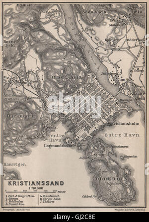 KRISTIANSAND antique town city byplan. Norway kart. BAEDEKER 1909 old ...