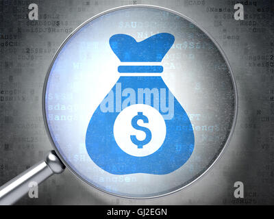 Finance concept: Money Bag with optical glass on digital background ...